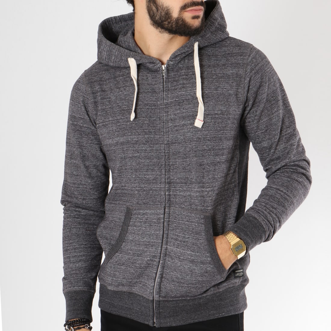 Jack And Jones Sweat Zippé Capuche Espace Melange Gris Anthracite