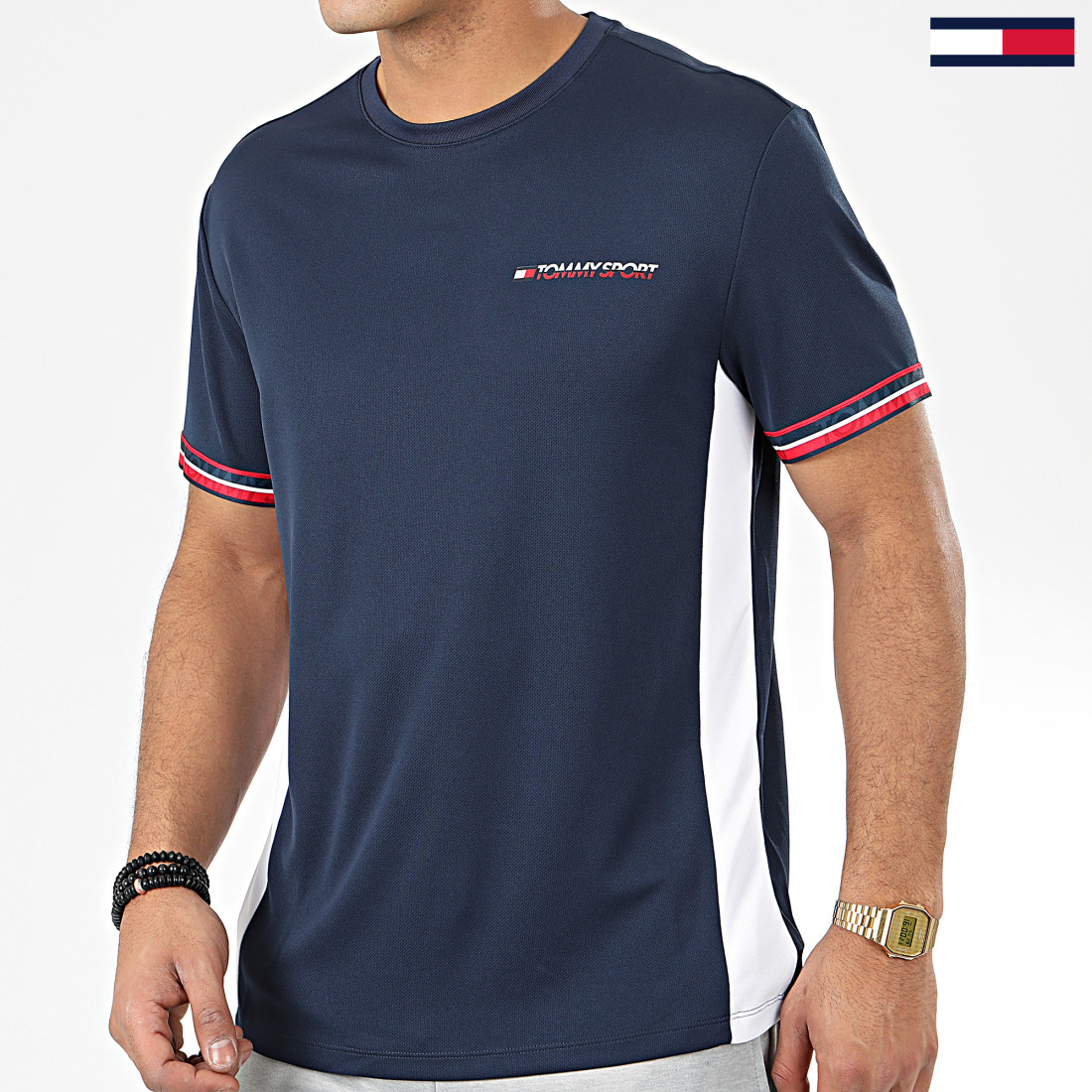 Tommy Sport - Tee Shirt A Bandes Classics 0326 Bleu Marine ...