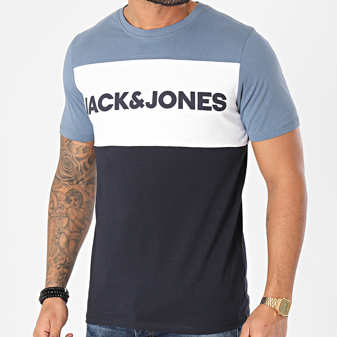 Jack And Jones - Tee Shirt Logo Blocking Bleu Marine Blanc Bleu ...