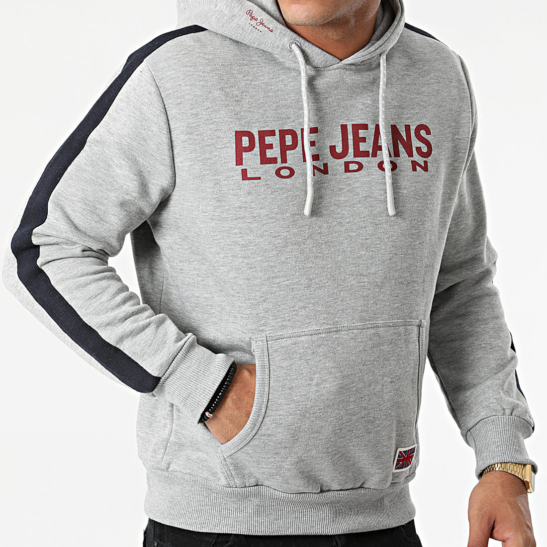 Pepe Jeans - Sweat Capuche A Bandes Andre PM582028 Gris Chiné ...
