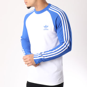 adidas - Tee Shirt Manches Longues 3 Stripes CW1229 Blanc Bleu Marine ...