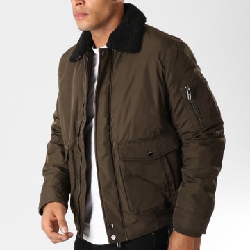Celio - Veste Zippée Poche Bomber Col Mouton Muflight Vert Kaki - Ryses