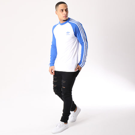 adidas - Tee Shirt Manches Longues 3 Stripes CW1229 Blanc Bleu Marine ...