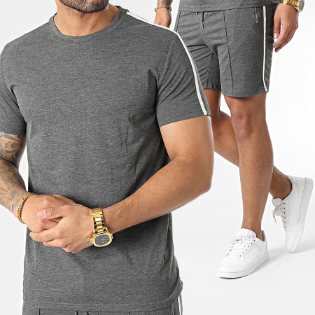Frilivin - Ensemble Tee Shirt Et Short Jogging A Bandes Gris Anthracite Chiné ...