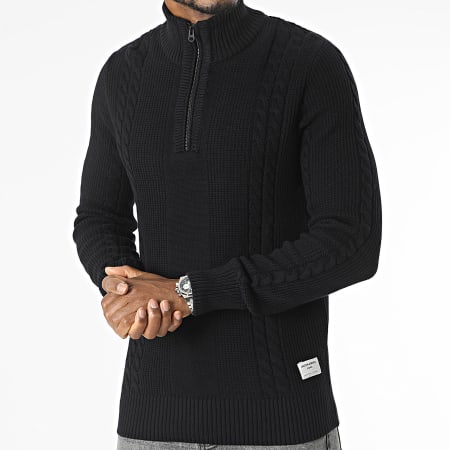 Jack And Jones - Pull Col Zippé Grid Cable Noir - LaBoutiqueOfficielle.com