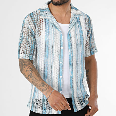 Frilivin - Camisa de manga corta de crochet con rayas 371 blanco azul ...