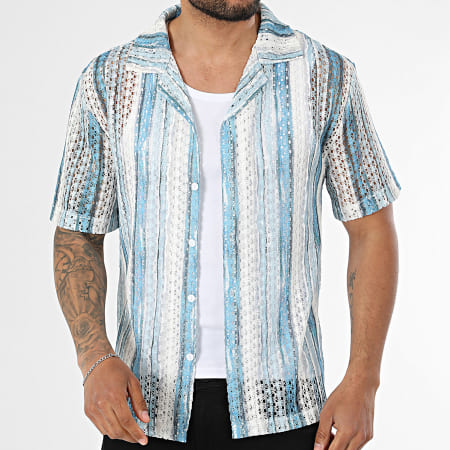 Frilivin - Camisa de manga corta de crochet con rayas 371 blanco azul ...